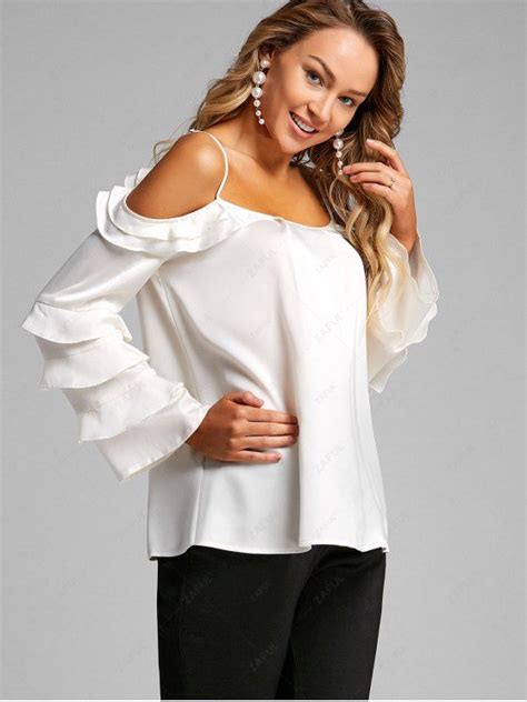 23 Off 2021 Layered Ruffle Cold Shoulder Blouse In White Zaful