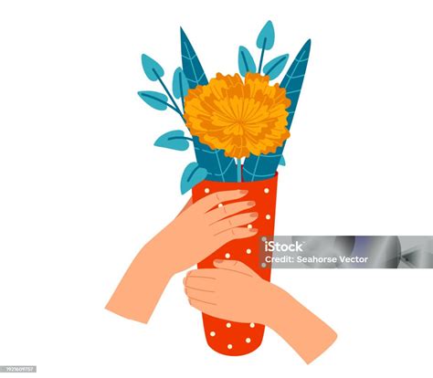 빨간 점선 포장지에 꽃다발을 들고 있는 손 축제 꽃 선물 와 금잔화 와 나뭇잎 벡터 일러스트 레이 션 감사에 대한 스톡 벡터