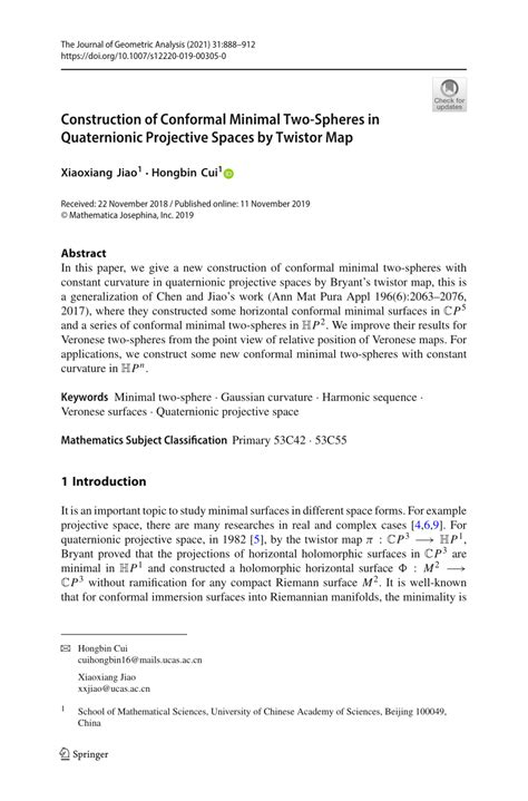 Pdf Construction Of Conformal Minimal Two Spheres In Quaternionic Projective Spaces By Twistor Map