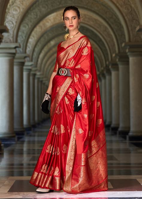 Candy Red Satin Mungha Silk Saree Qivii