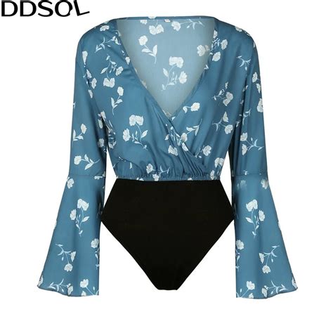 Bodysuits Women Romer White Floral Sexy Deep V Neck Long Flare Sleeve