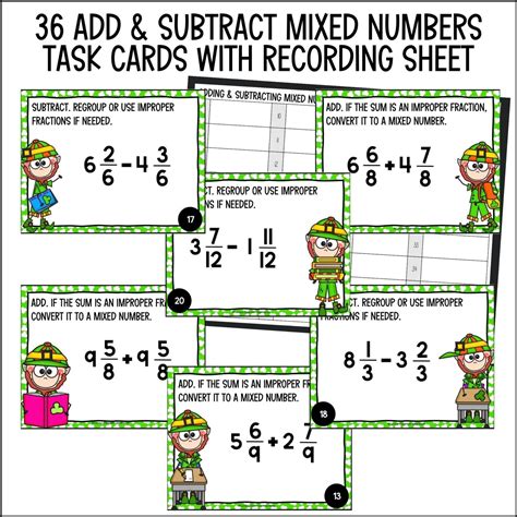 St Patricks Day Adding And Subtracting Mixed Numbers Task Cards Curious Classroom Adventures