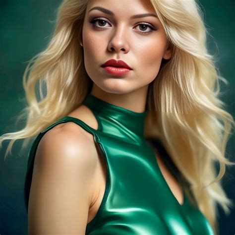 A Woman With Blonde Hair And A Green Dress Is Posing For A Photo