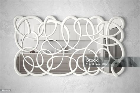 현대 트위스트 모양 거울 인테리어 디자인 현장 밝은 나무 부엌 싱크대 미니 멀 화이트 아키텍처를 반영 하는 벽에 걸려 0명에