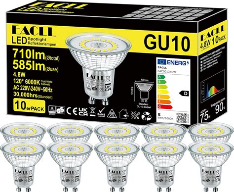 EACLL GU10 LED Kaltweiss 4 8W Ersetzt 75W Halogen Leuchtmittel 10er
