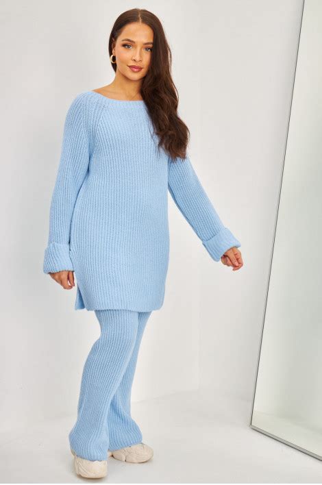 Light Blue 2 Piece Long Sweater Chunky Knit Pants Set Brentiny Paris