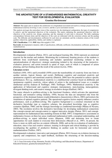 PDF THE ARCHITECTURE OF A STANDARDISED MATHEMATICAL CREATIVITY TEST FOR DEVELOPMENTAL EVALUATION