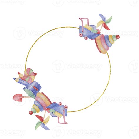 Toys Round Frame Template Pinwheel Cart Bucket Shovel Pencils Stacking Rings Clipart