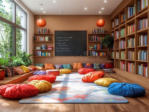 A Bright Colorful Interior With A Study Area Or Casual Classroom