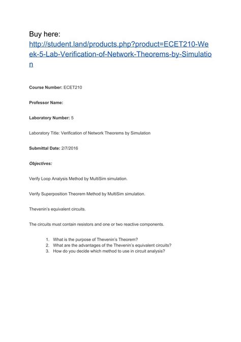 Ecet210 Week 5 Lab Verification Of Network Theorems By Simulation