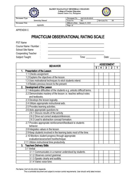 Appendix C Practicum Observational Rating Scale Pdf Teachers Learning