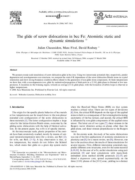 Pdf The Glide Of Screw Dislocations In Bcc Fe Atomistic Static And