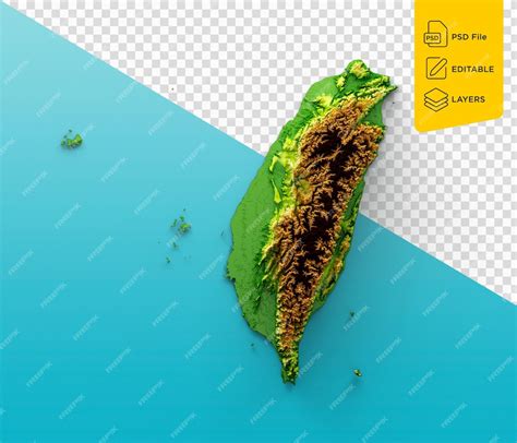 台湾地図影のレリーフ色高さマップ海の青の背景 3 D イラストレーション プレミアムpsdファイル