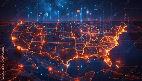 Iot In Smart Cities Across North America Digital Map Of The Usa With Iot Icons Integrated Into