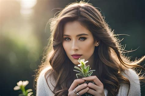 Premium Ai Image A Woman Holds A Flower In Her Hand And Looks Into