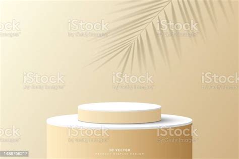 3d 흰색 갈색 실린더 연단 받침대는 야자수 잎 그림자 배경이 있는 거대한 둥근 받침대에 현실적으로 배치됩니다 제품 모형 또는