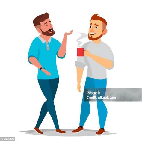 말하는 남자 벡터입니다 친구 사무실 동료 들을 웃 고 있다 통신 남성입니다 비즈니스 사람입니다 상황입니다 플랫 만화 삽화를 절연 행복에 대한 스톡 벡터 아트 및 기타 이미지