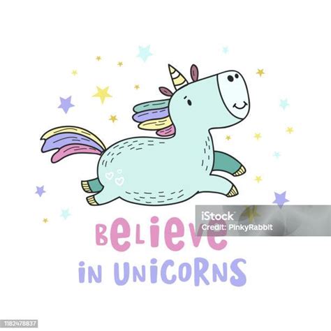 유니콘을 믿으십시오 낙서 스타일의 컬러 벡터 그림입니다 비문이 새겨진 유니콘 드로잉 0명에 대한 스톡 벡터 아트 및 기타 이미지 0명 귀여운 꽃 식물 Istock