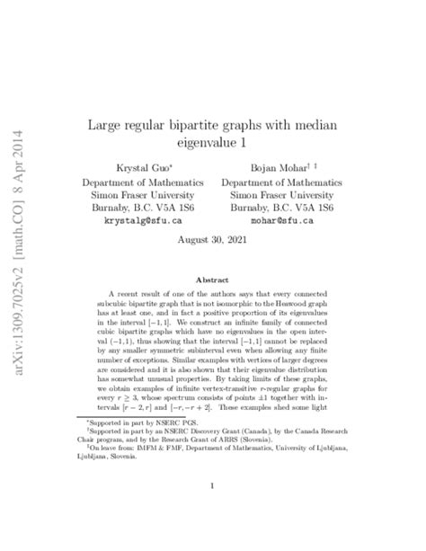 Pdf Large Regular Bipartite Graphs With Median Eigenvalue 1