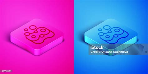 아이소 메트릭 라인 스폰지 아이콘은 분홍색과 파란색 배경에 고립되어 있습니다 설거지를 위한 인피 한 줄기 청소 서비스 개념 사각형 버튼 벡터 3차원 형태에 대한 스톡 벡터