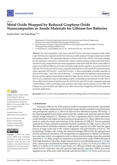 Pdf Metal Oxide Wrapped By Reduced Graphene Oxide Nanocomposites As Anode Materials For