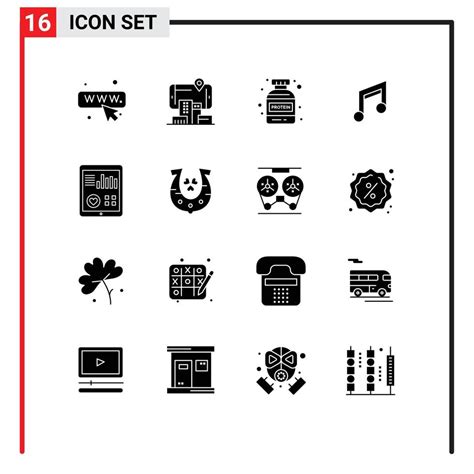 Set Of 16 Commercial Solid Glyphs Pack For Heart Monitoring Protein Music Design Editable Vector