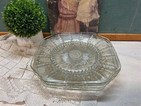 Federal Glass Columbia Pattern Square Clear Glass Plates Set Of Four Etsy