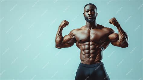 A Muscular Black Man Is Flexing His Bicep In Front Of A Blue Background