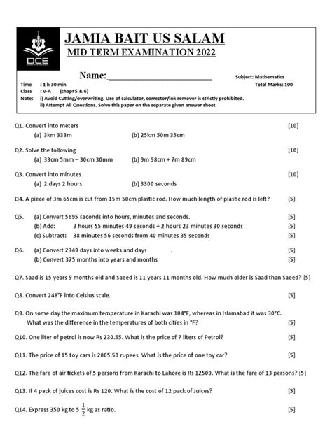 4 Class 5a Mid Term Nov 2022 1h30min Maths Ch 5 6 Pdf