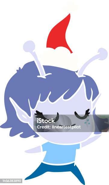 웃고 있는 외계인 소녀는 산타 모자를 쓰고 있는 평면 컬러 그림을 손으로 그렸다 귀여운에 대한 스톡 벡터 아트 및 기타 이미지 귀여운 낙서 드로잉 등장인물 Istock