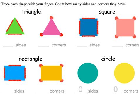counting sides and corners of triangle square rectangle and circle