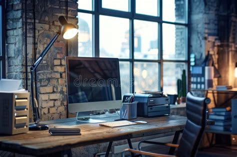 Large Computer Screen On Desk In Empty Modern Office Stock Illustration