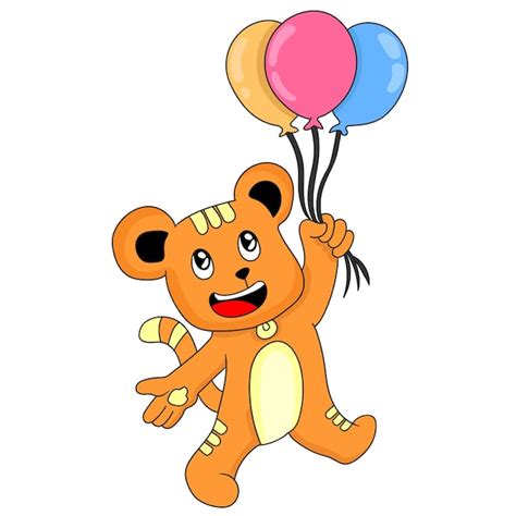 풍선을 날리는 테디베어 만화 일러스트 스티커 프리미엄 벡터