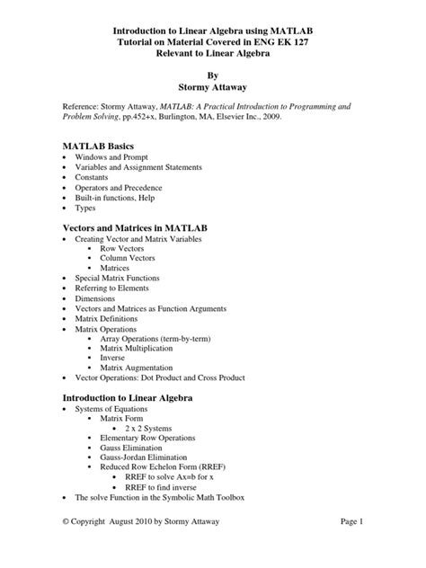 matlab linear algebra tutorial pdf matrix mathematics matlab