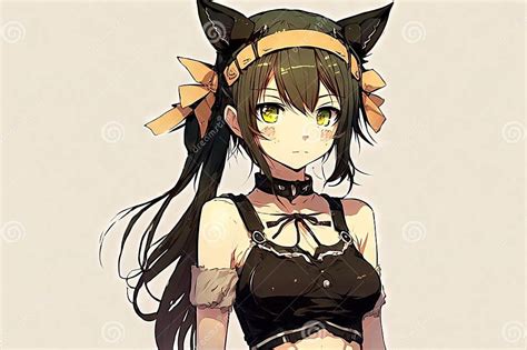 Cute Anime Girl With Cat Ears And Tail Manga Style Character
