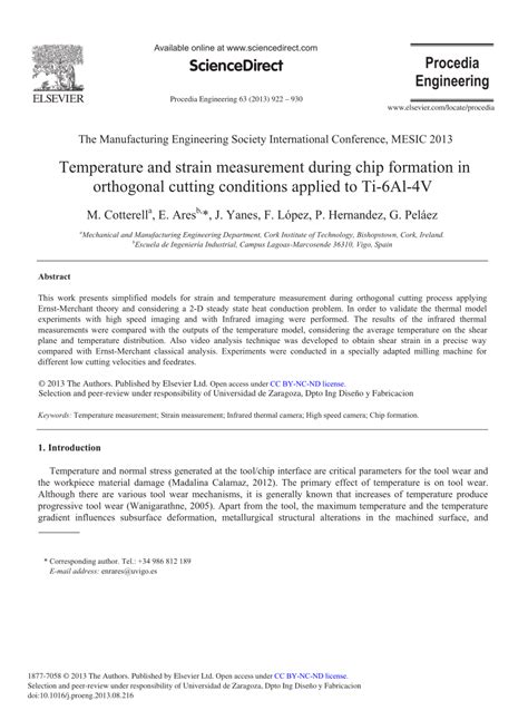 Pdf Temperature And Strain Measurement During Chip Formation In