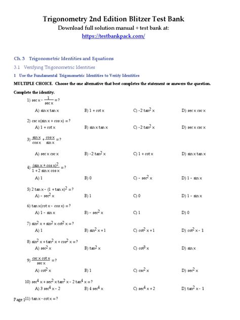 Trigonometry 2nd Edition Blitzer Test Bank 1 Pdf Trigonometric