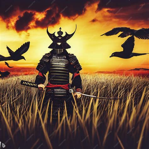 Premium Ai Image A Samurai Warrior In A Field Of Grass With Crows And