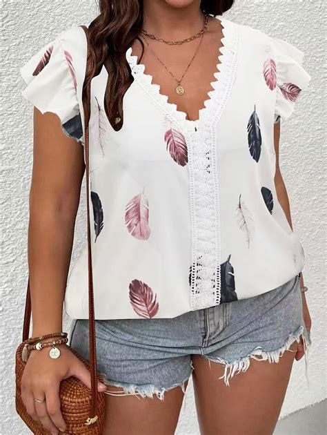 Shein Lune Plus Feather Print Contrast Guipure Lace Butterfly Sleeve