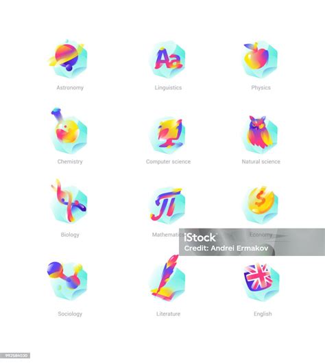 아이콘 설정 학교 수업 주제 벡터 일러스트입니다 그라데이션 플랫 아이콘입니다 물리학 수학 컴퓨터 과학 언어학 경제학 사회학 문학 생물학 화학 기호입니다 공부에 대한 스톡