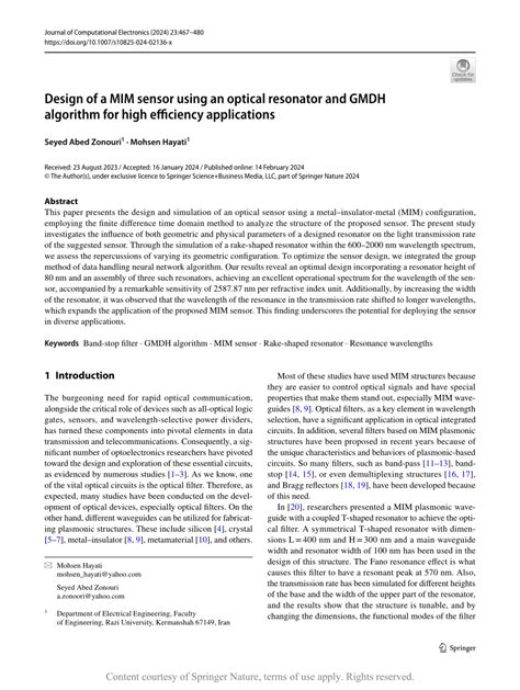 Design Of A MIM Sensor Using An Optical Resonator And GMDH Algorithm For High Efficiency