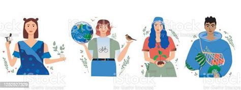 사람 또는 채식주의자는 지구와 제로 폐기물을 저장 환경 친화적 인 라이프 스타일을 선도하는 남성과 여성과 플랫 벡터 스톡