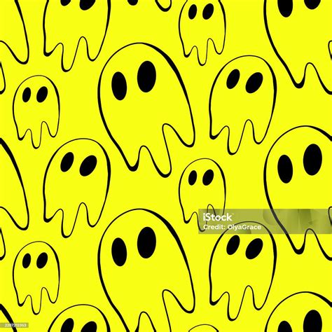 벡터 할로윈 유령 완벽 한 패턴은 노란색 배경에 고립되어 있습니다 계절 디자인 섬유 장식 어린이 놀이방 또는 인사말 카드에 대한 재미 있고 귀여운 그림 손으로 그린 지문과