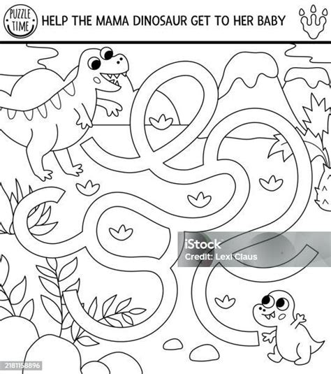 흑인과 백인 공룡 미로 고대 세계 풍경을 가진 아이들 정사각형 선사 시대 선 인쇄 가능한 활동 공룡 땅 미로 게임 퍼즐 색칠 공부 페이지 티라노사우루스가 아기에게 갈 수