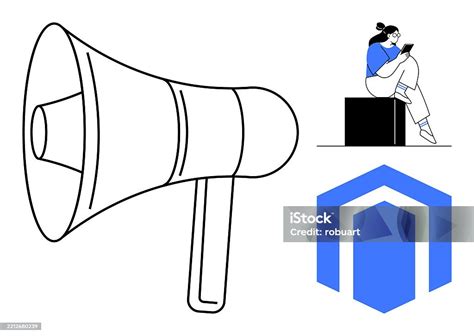 큐브에 앉아 있는 여자는 스마트폰을 사용하여 메가폰과 추상적인 파란색 아이콘을 사용합니다 Brand Name Smart Phone에 대한 스톡 벡터 아트 및 기타 이미지
