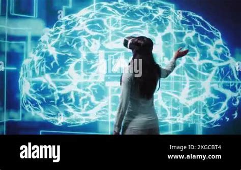 Developer Wearing Vr Headset Looking At Hologram Of Artificial Intelligence Human Brain
