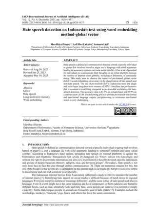 Hate Speech Detection On Indonesian Text Using Word Embedding Method