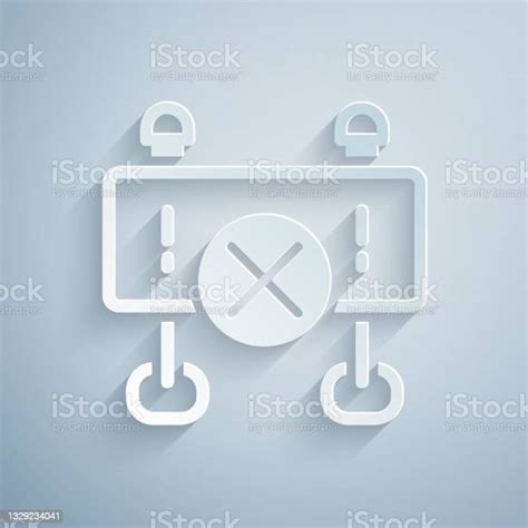 회색 배경에 격리 된 도로 장벽 아이콘을 잘라 용지 건설 중인 제한된 영역의 기호입니다 수리 작업 종이 아트 스타일 벡터 3차원 형태에 대한 스톡 벡터 아트 및 기타 이미지