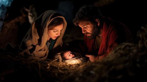 마리아 요셉 과 아기 예수 와 함께 불 을 켜고 있는 탄생 장면 프리미엄 Ai 생성 이미지