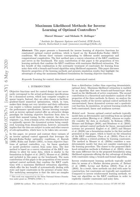 Pdf Maximum Likelihood Methods For Inverse Learning Of Optimal Controllers